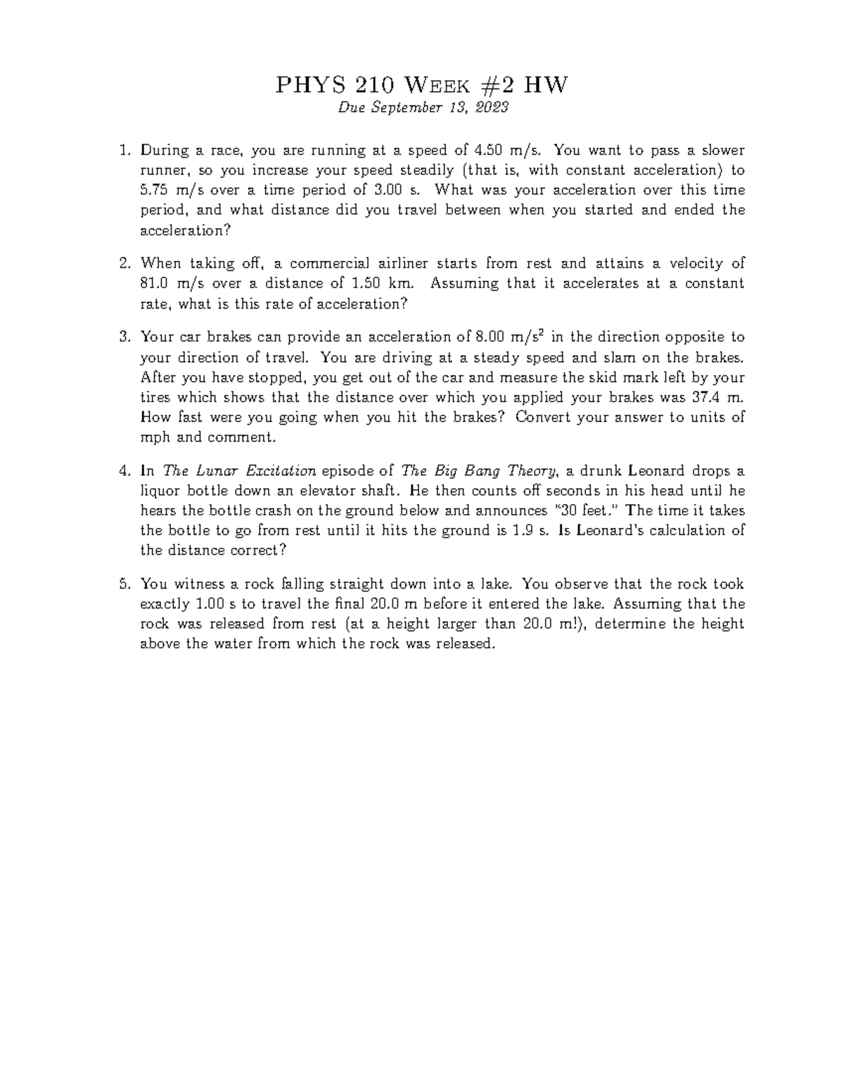 PHYS 210 HW2 - Acceleration and Motion Problems - Studocu