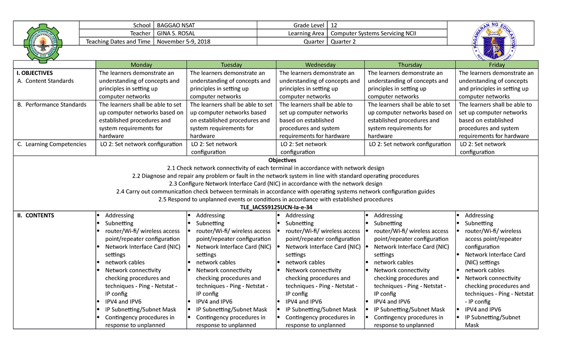 Computer Systems Servicing NCII Lesson Plan (Nov 5-9, 2018) - Studocu