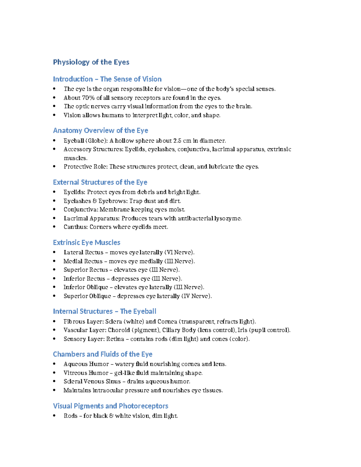 Physiology of the Eyes: Comprehensive Overview Report - Studocu