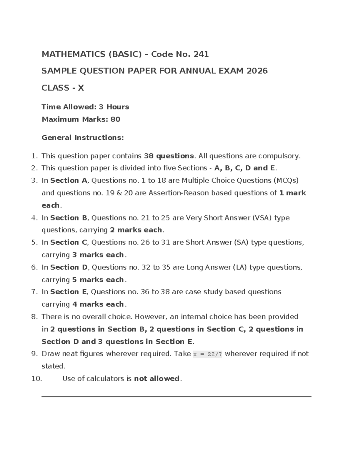 MATHEMATICS (BASIC) Code No. 241 ANNUAL EXAM SAMPLE QP 2026 CLASS X - Studocu