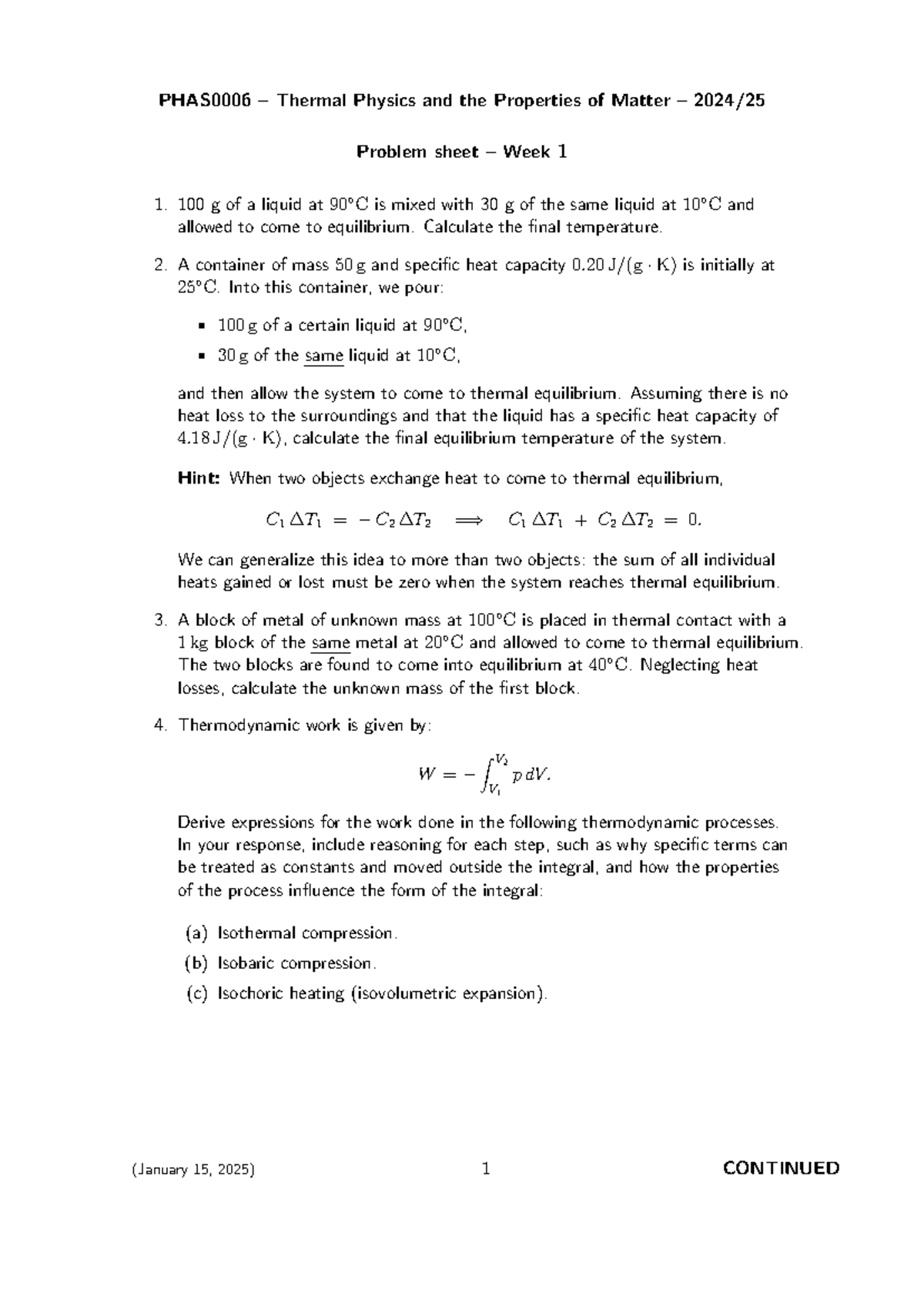 PHAS0006 2025 Problem Sheet Week 1: Thermal Physics & Matter - Studocu