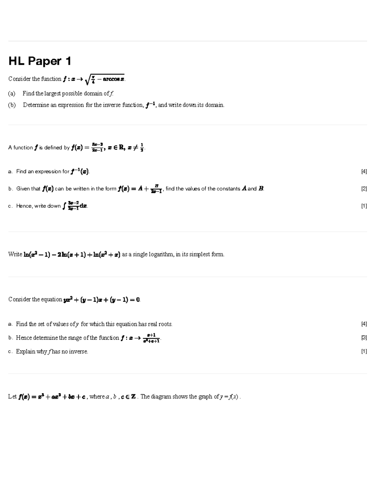 Math HL Topic 2 Paper 1: Functions, Inverses, and Graph Analysis - Studocu