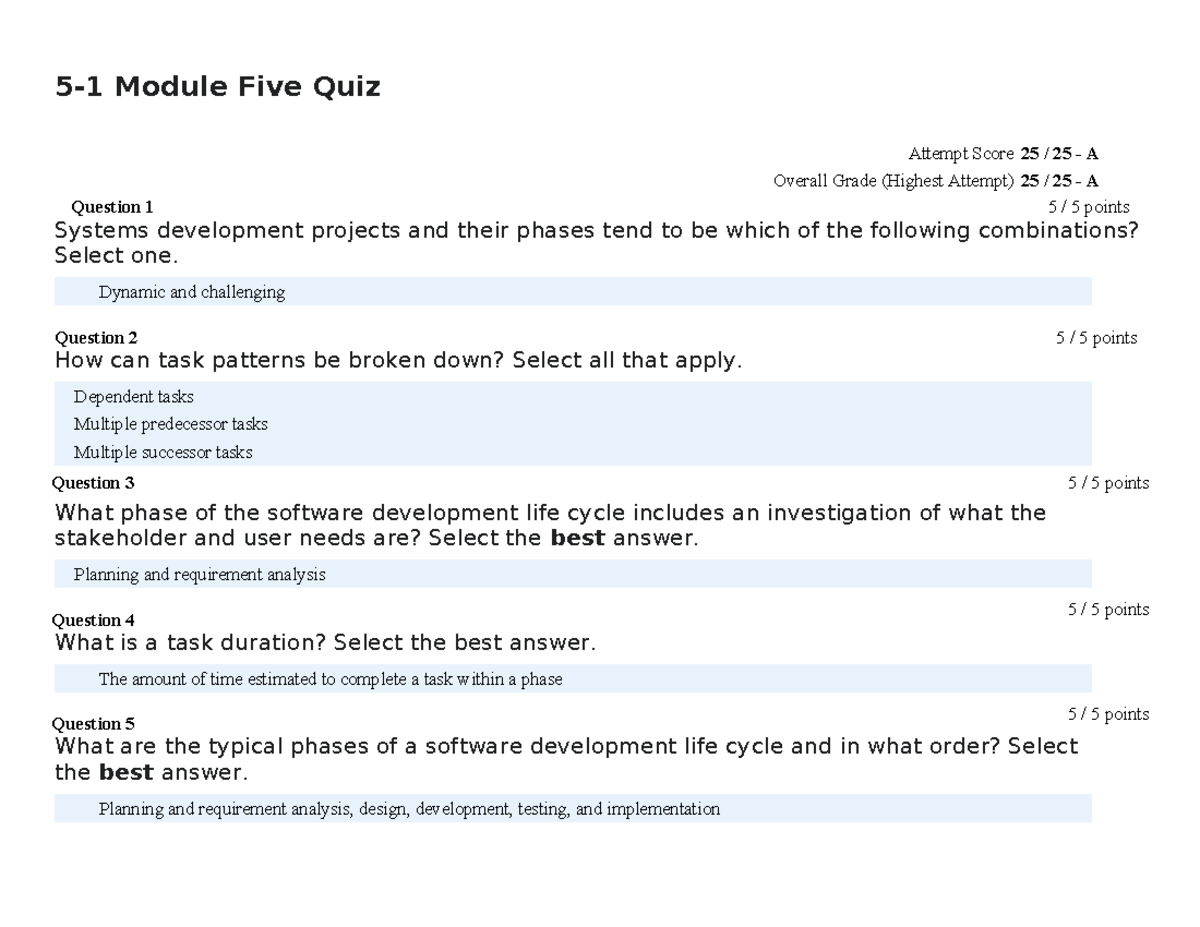 Mod 5 - Quiz 5 Results and Key Concepts Review - Studocu