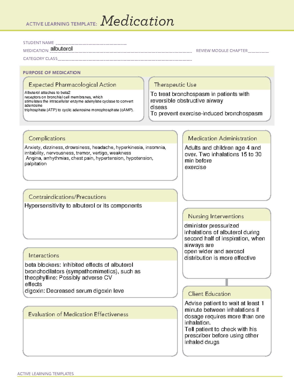 Albuterol Medication Card - Active Learning Template Notes - Studocu