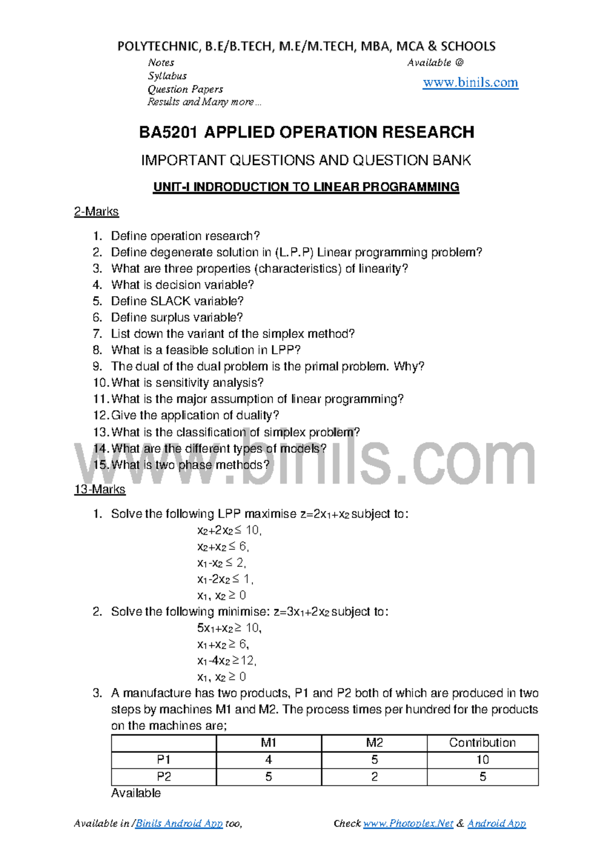 BA5201 Applied Operations Research Reg 17 Important Questions ...