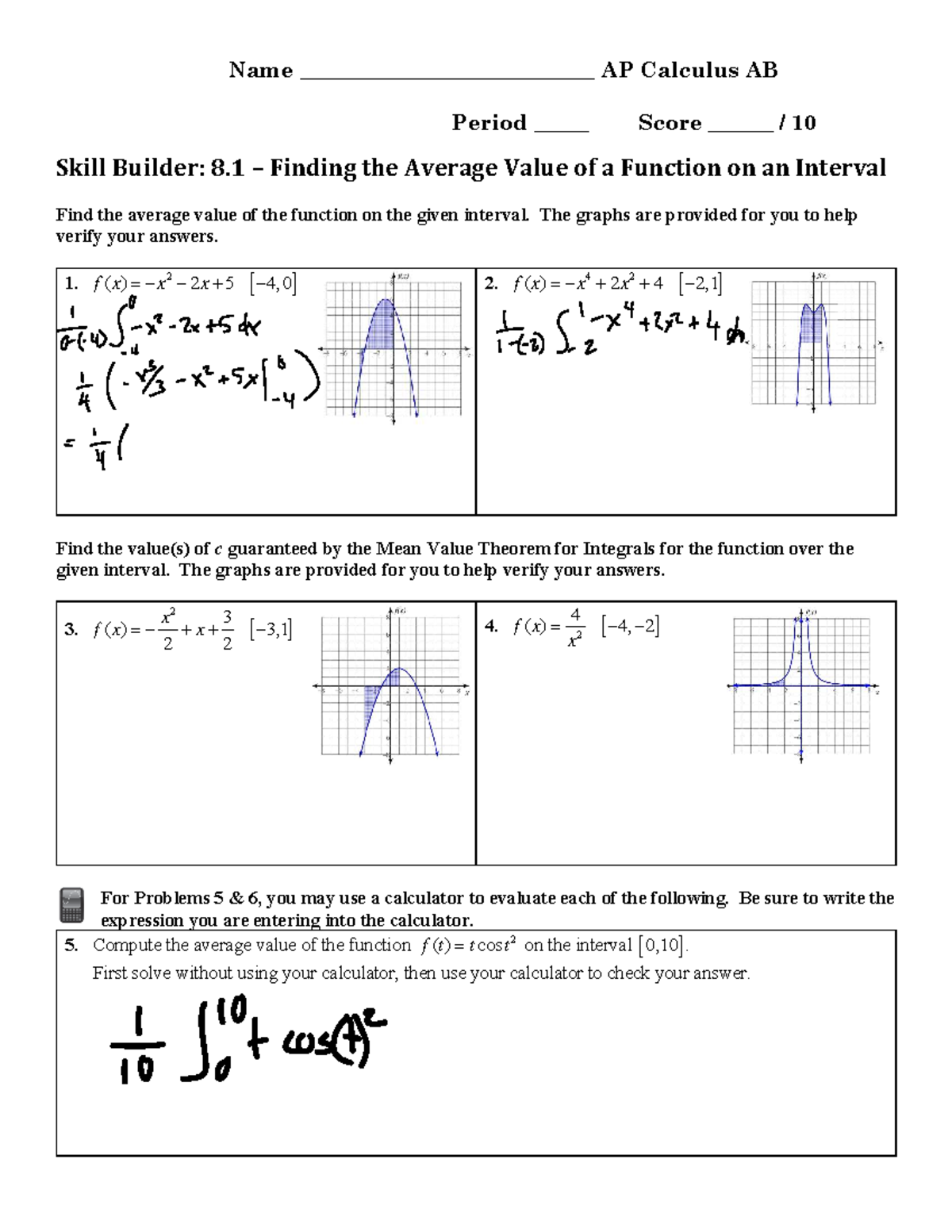 AP Calculus AB Unit 8 Homework: Average Value & Motion Problems - Studocu