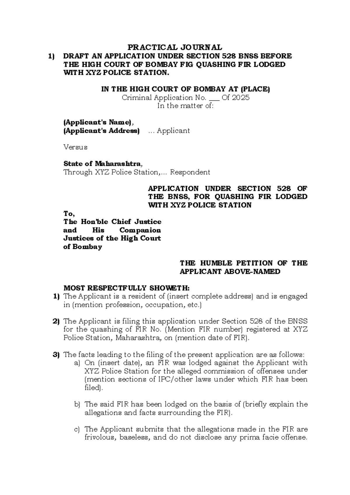 Practical Journal: Drafts for Legal Applications and Complaints - Studocu