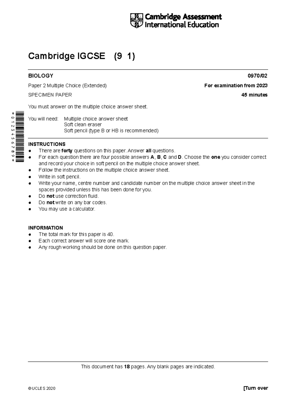 Cambridge 2023 Specimen Paper 2: Multiple Choice Exam Guide - Studocu