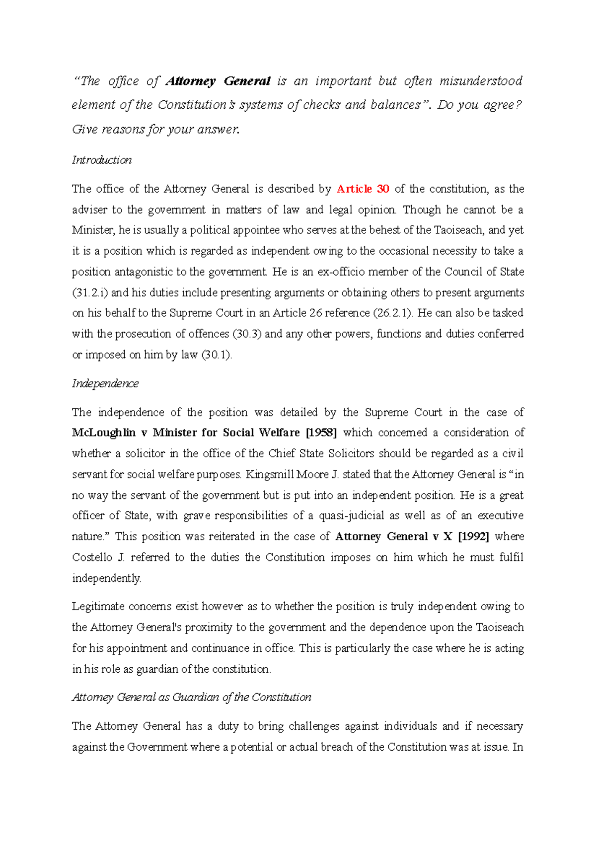 The Role and Independence of the Attorney General: Constitutional ...