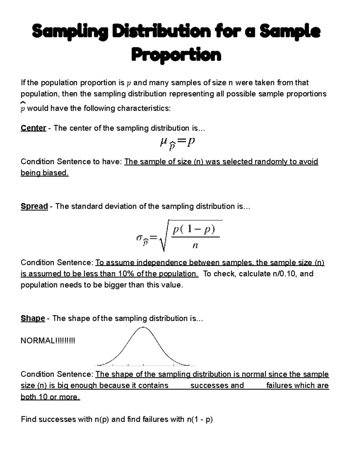Sampling Distribution of Sample Proportions: Note Sheet - Studocu