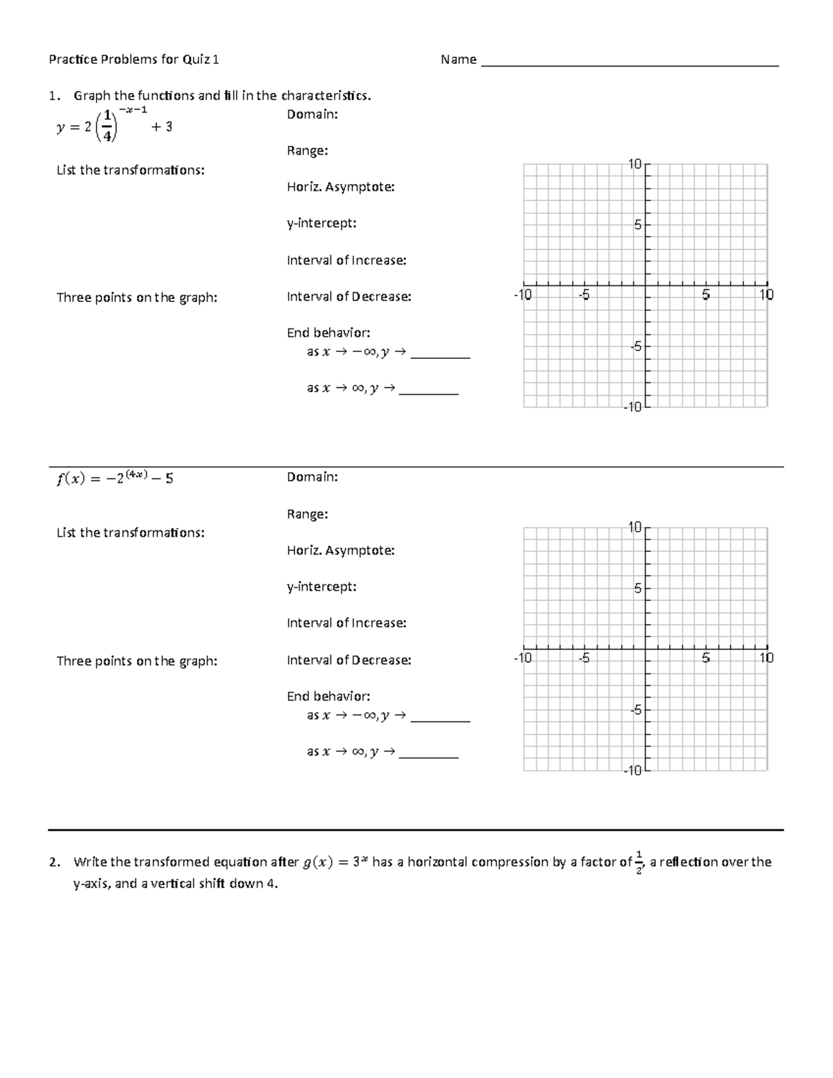 9-2 Quiz 1 Practice Problems: Graphing Functions & Transformations ...