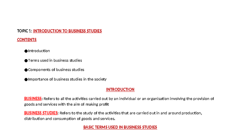 Business Form 1 Notes: Introduction to Business Studies Concepts - Studocu