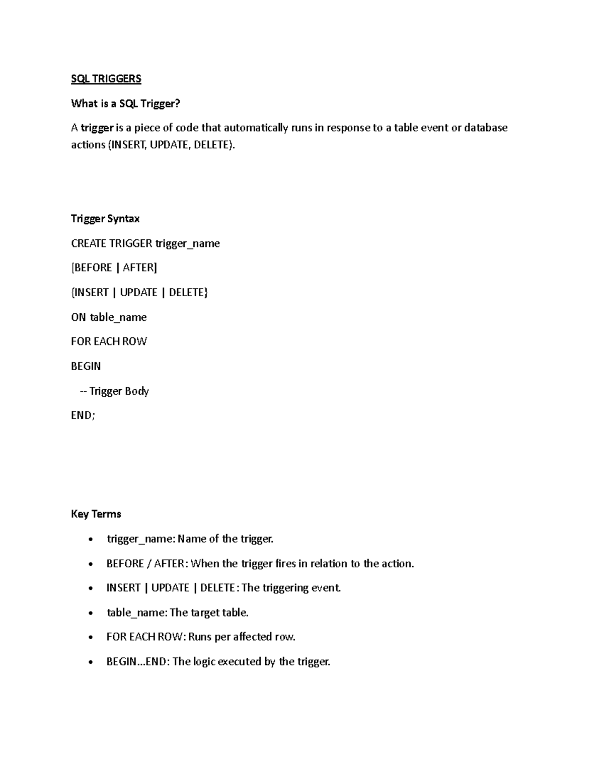 SQL TRIGGERS: Comprehensive Notes for Students - Studocu