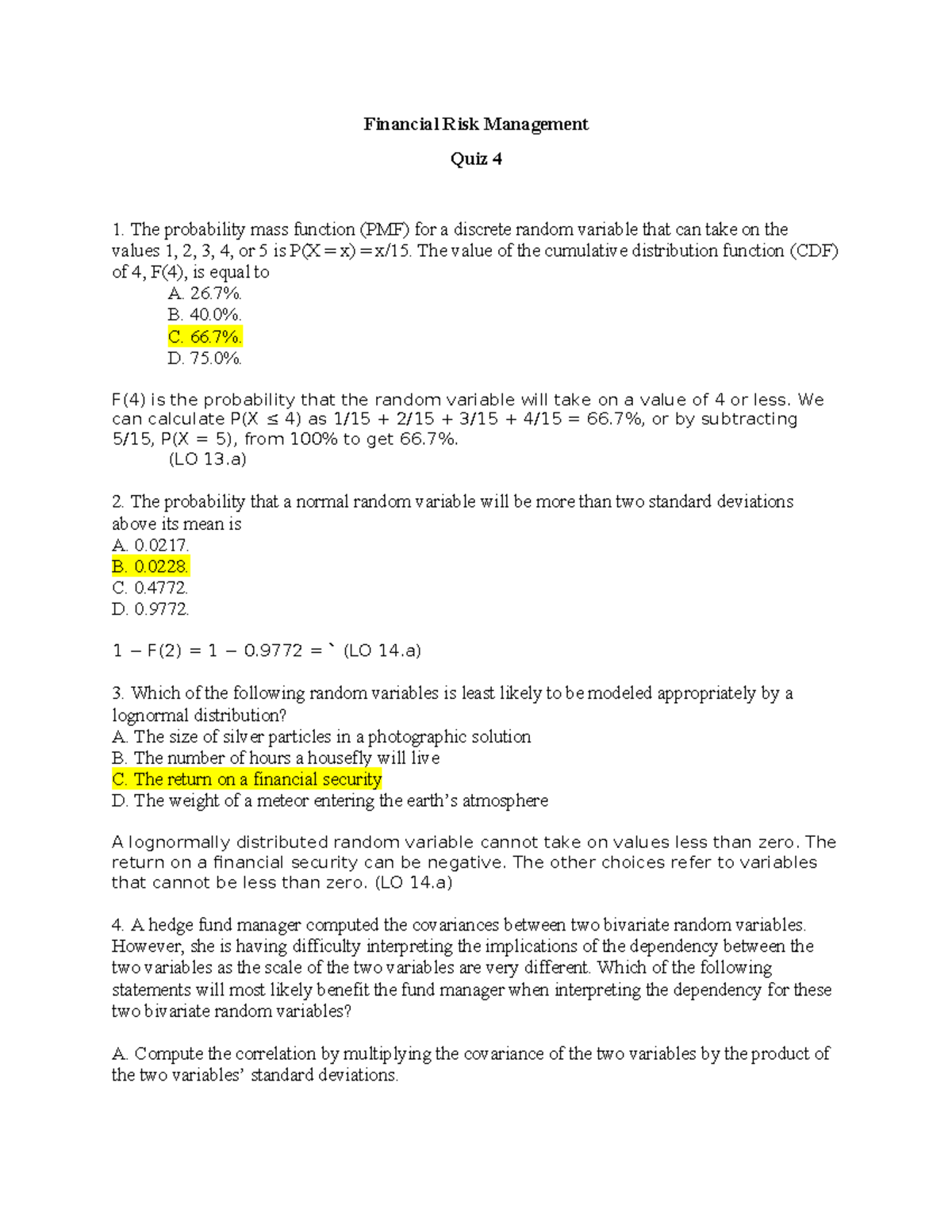 Financial Risk Management Quiz 4 - Key Insights and Solutions - Studocu