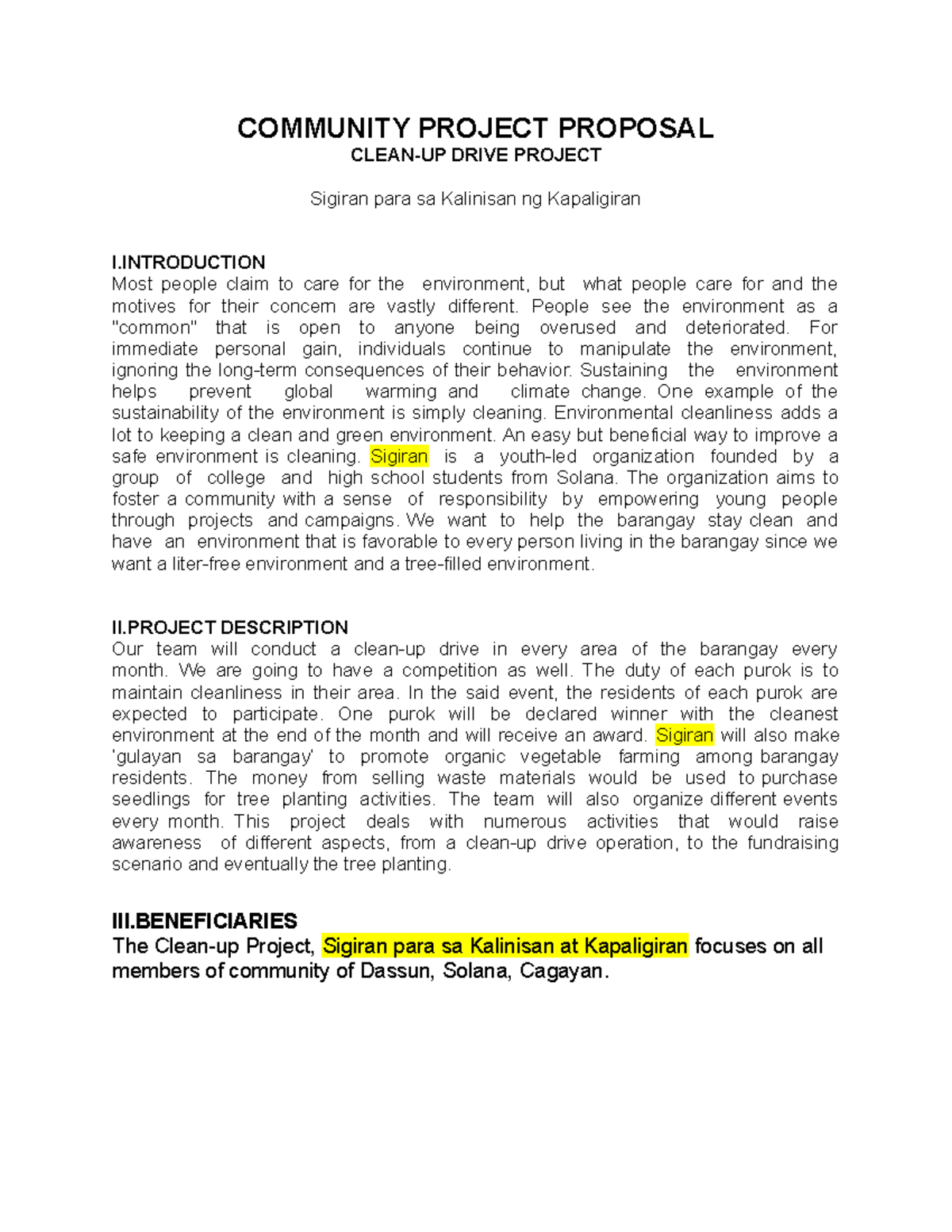 Community Clean-Up Drive Proposal: Sigiran for a Greener Future - Studocu