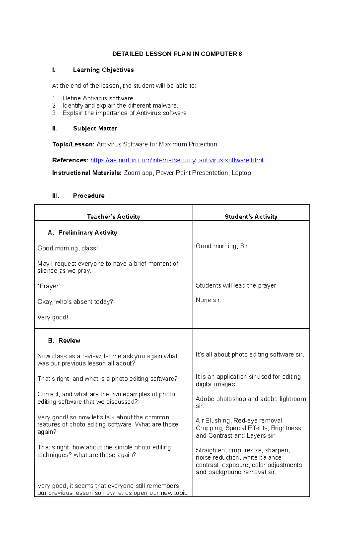 Lesson Plan on Antivirus Software - CS 8 by Joshua Orais - Studocu