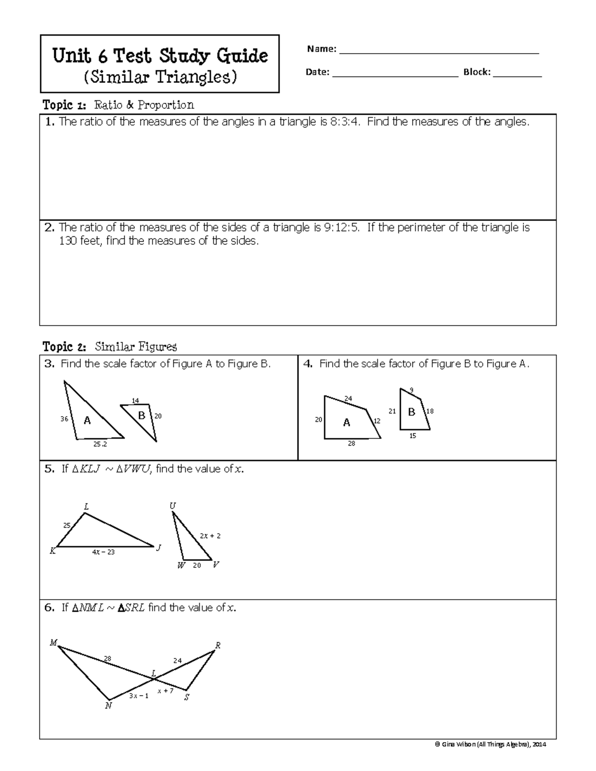 Unit 6 Test Study Guide: Similar Triangles & Proportions - Studocu