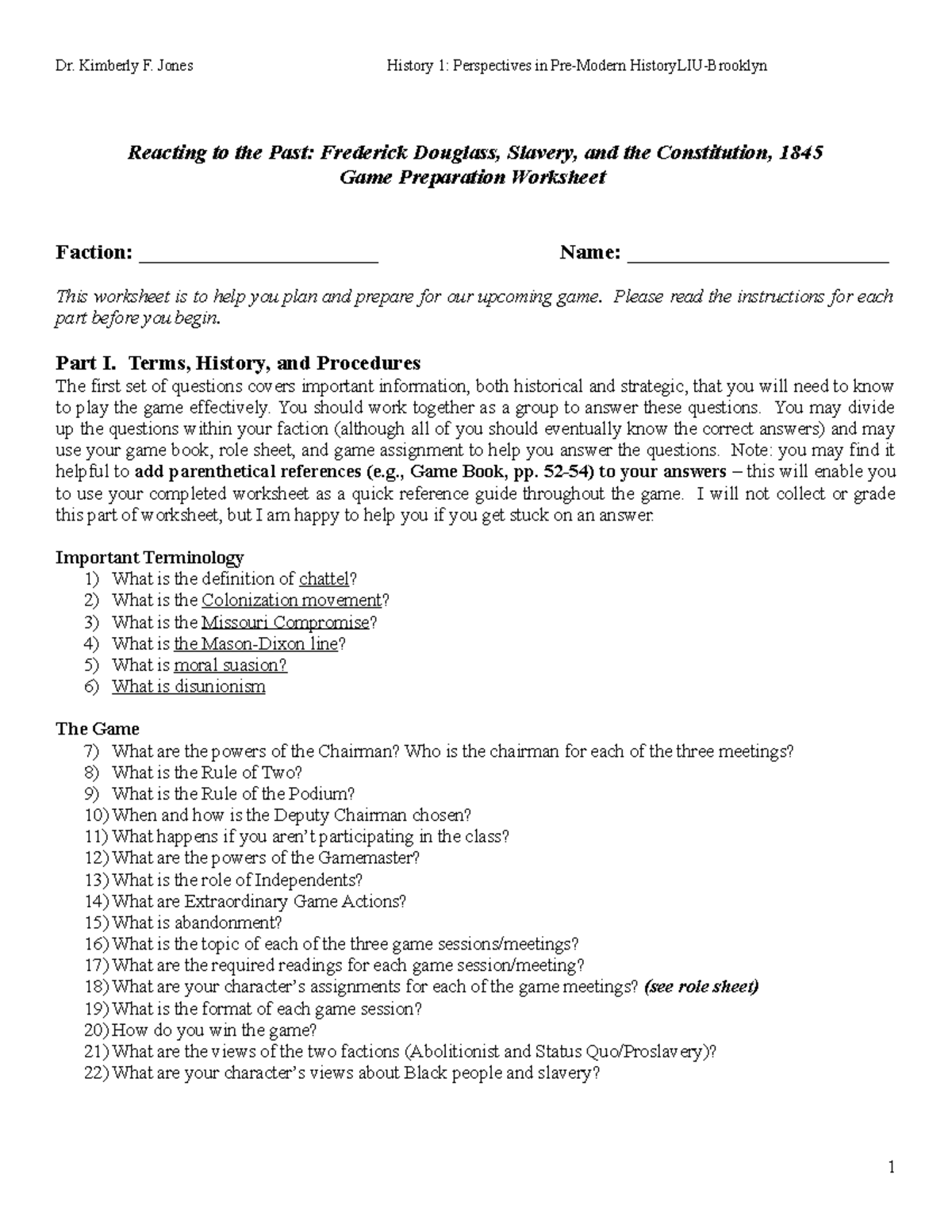 FD History 1 Game Prep Worksheet: Frederick Douglass & Slavery - Studocu