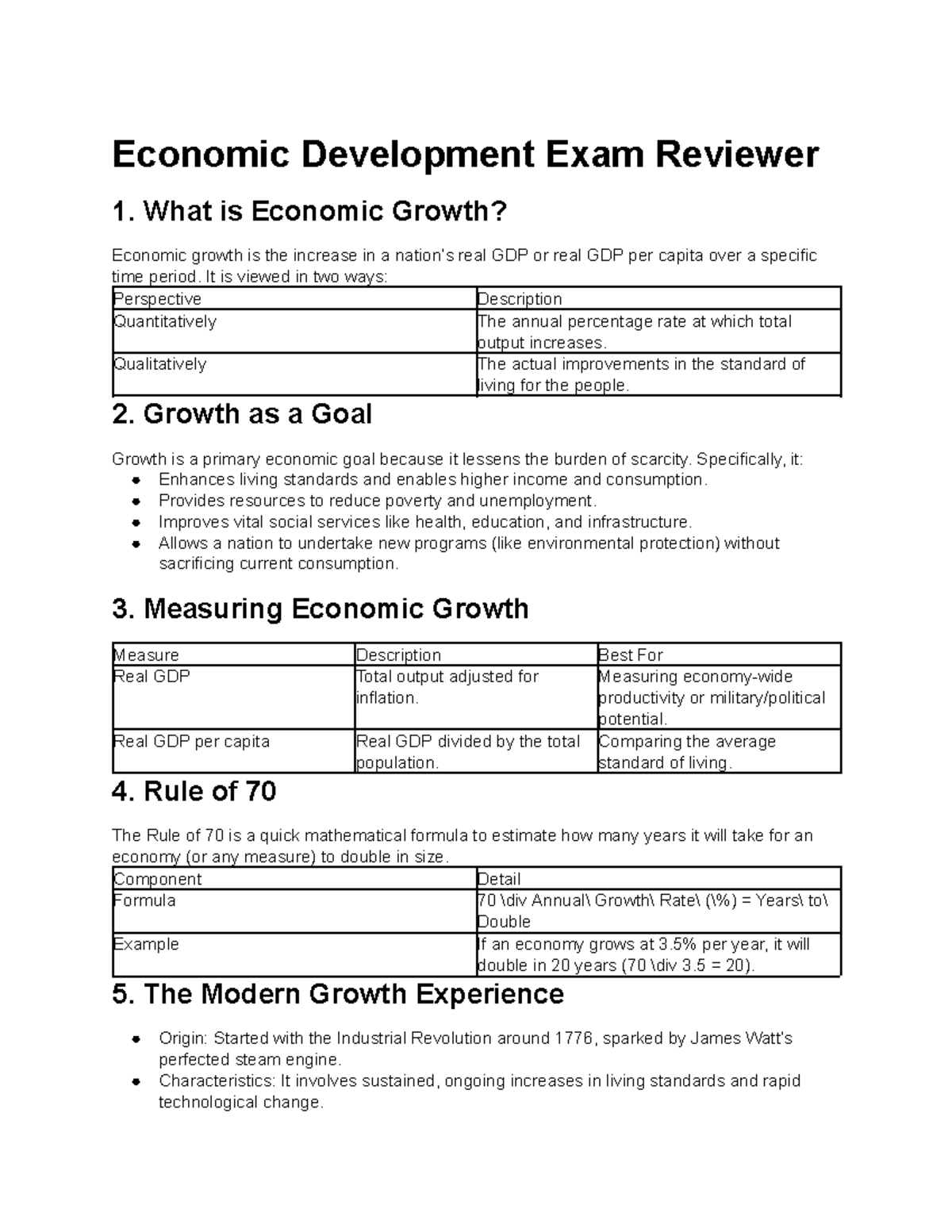 Econ-7 - Economic Development Exam Reviewer: Key Concepts and Growth ...