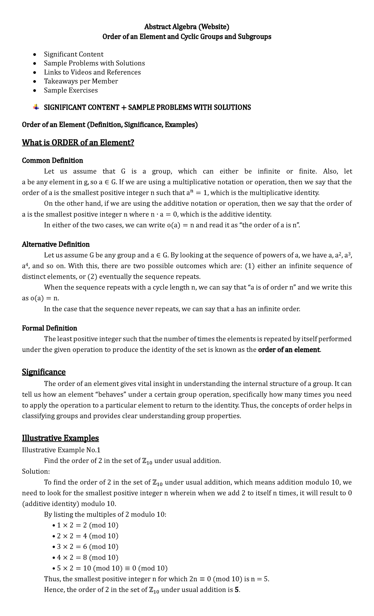 Abstract Algebra (MATH 301) Order of an Element & Cyclic Groups - Studocu