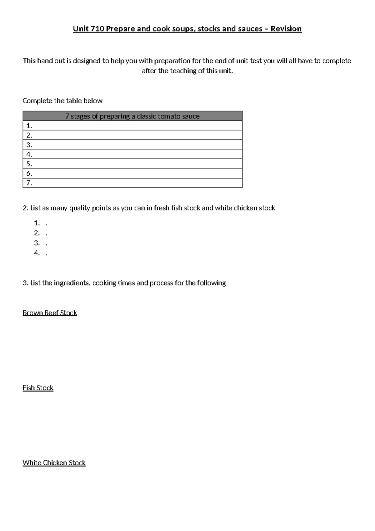 Unit 710 Prepare & Cook Soups, Stocks & Sauces - Revision Notes - Studocu