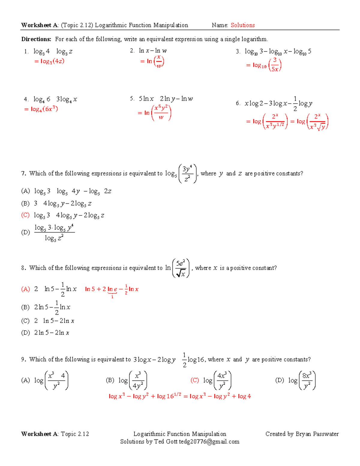 Worksheet A: Topic 2.12 Logarithmic Function Manipulation Solutions - Studocu