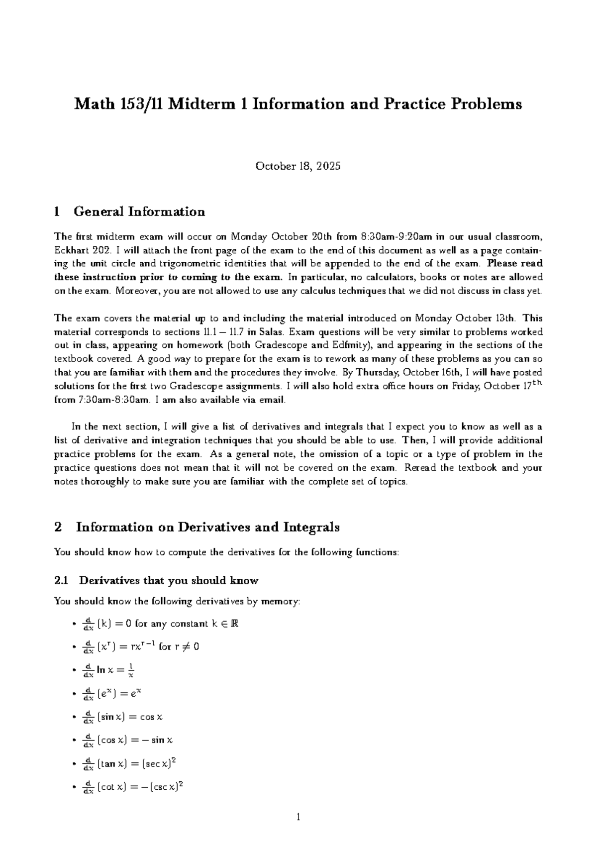 Math 153 Midterm 1 Review Sheet and Practice Problems - Studocu