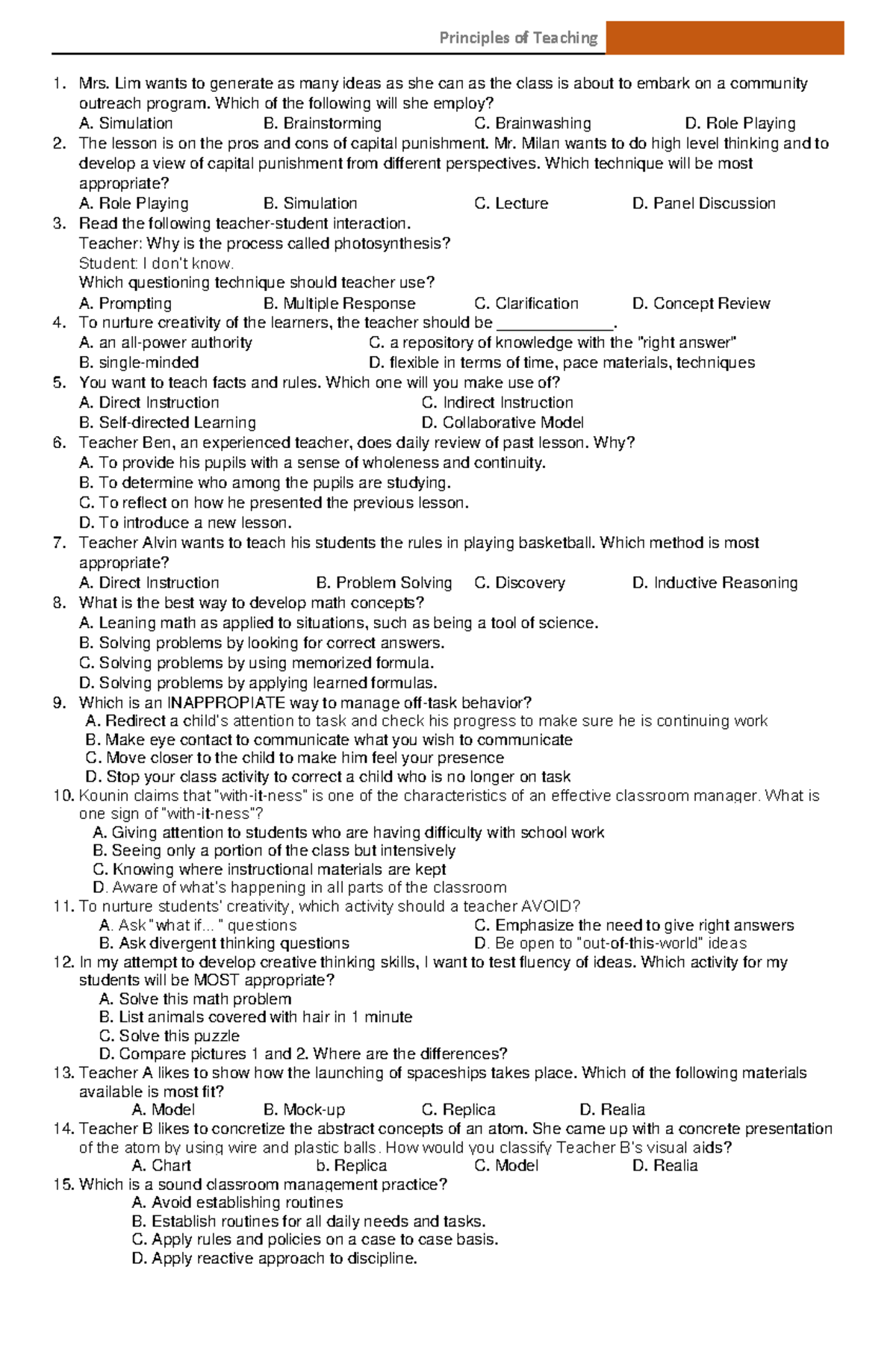 Principles of Teaching: Practice Test for Prospective Educators - Studocu