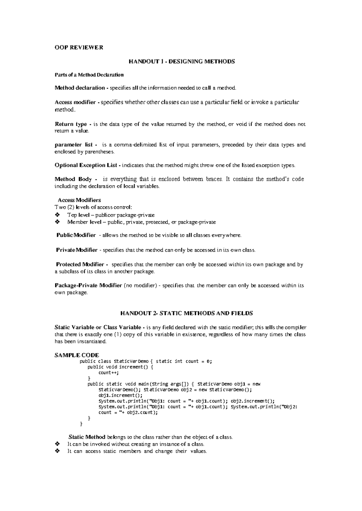 OOP-Reviewer - reviewer - OOP REVIEWER HANDOUT 1 - DESIGNING METHODS ...