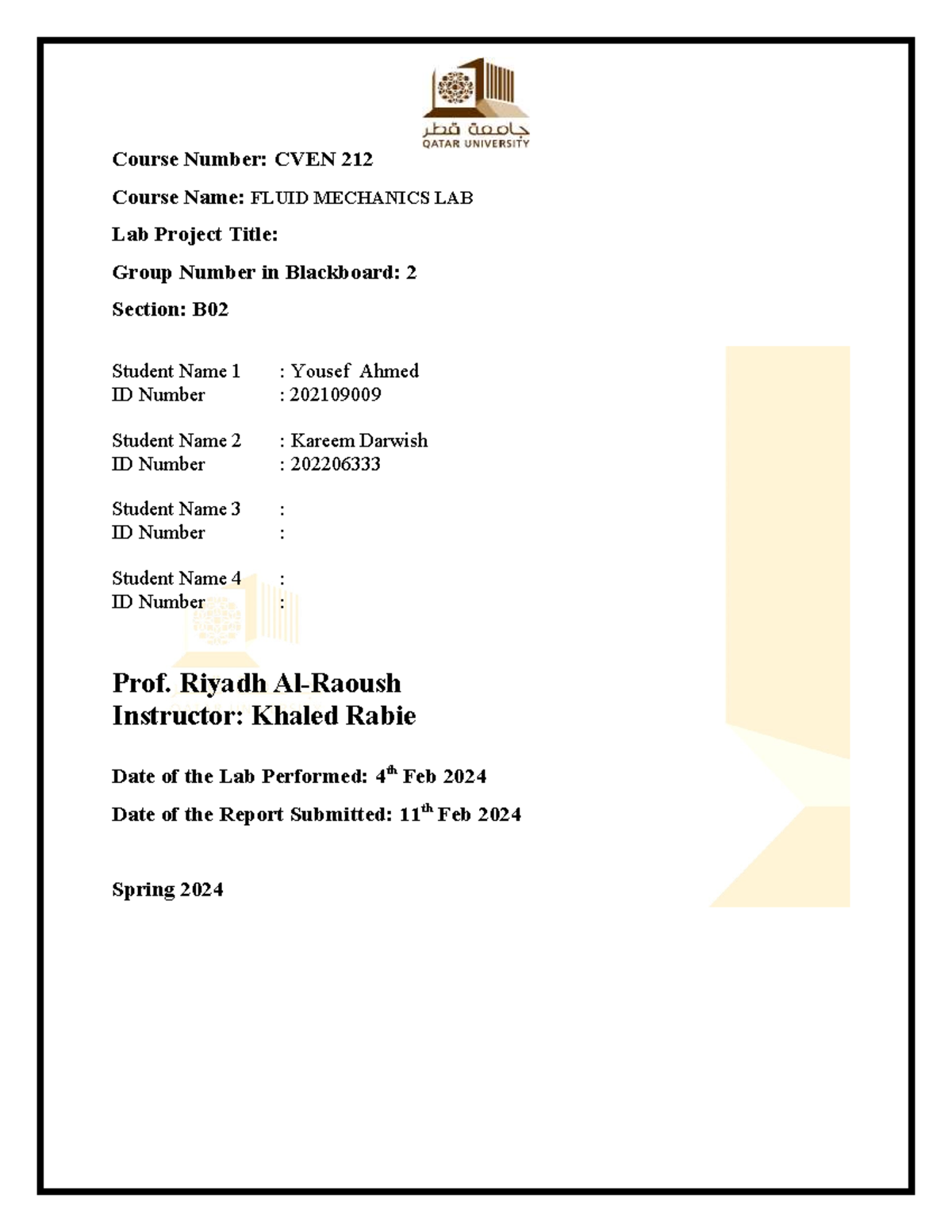 CVEN 212 Fluid Mechanics Lab Report - Group 2 B02 - Studocu