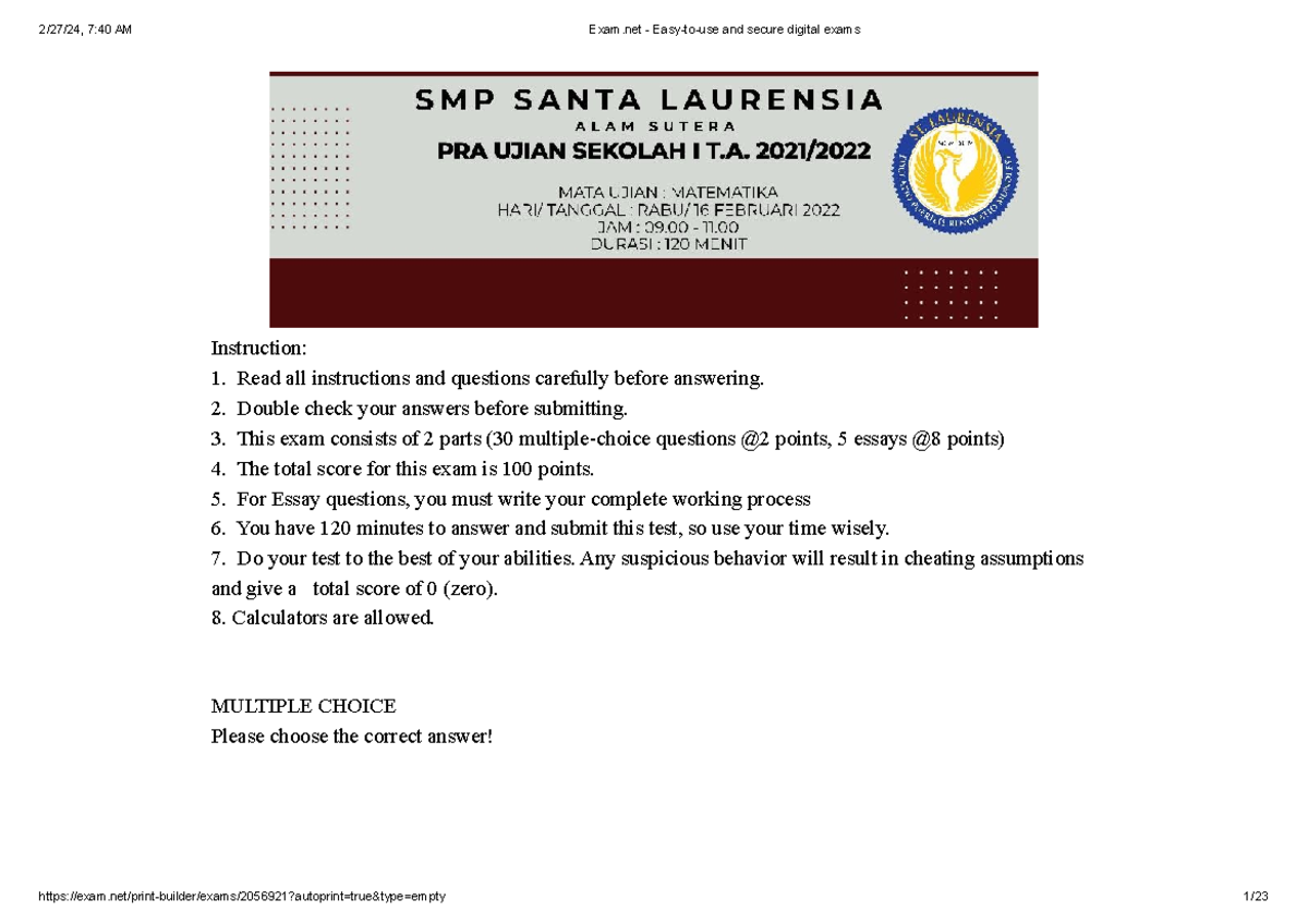 PRA US 1 2022 - Stage 9 Exam Paper - Instruction: 1. Read all ...