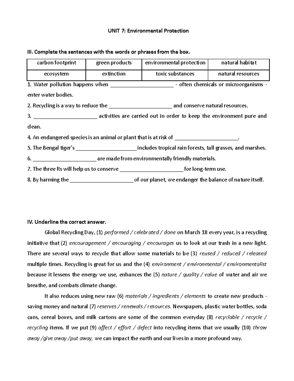 Unit 7: Environmental Protection Study Guide and Exercises - Studocu