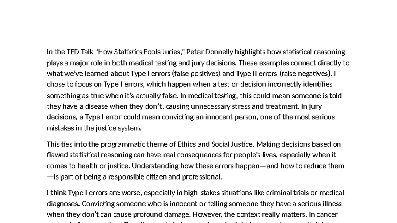 PSY 260 Mod 7-2 Discussion: The Impact of Type I Errors in Decision ...
