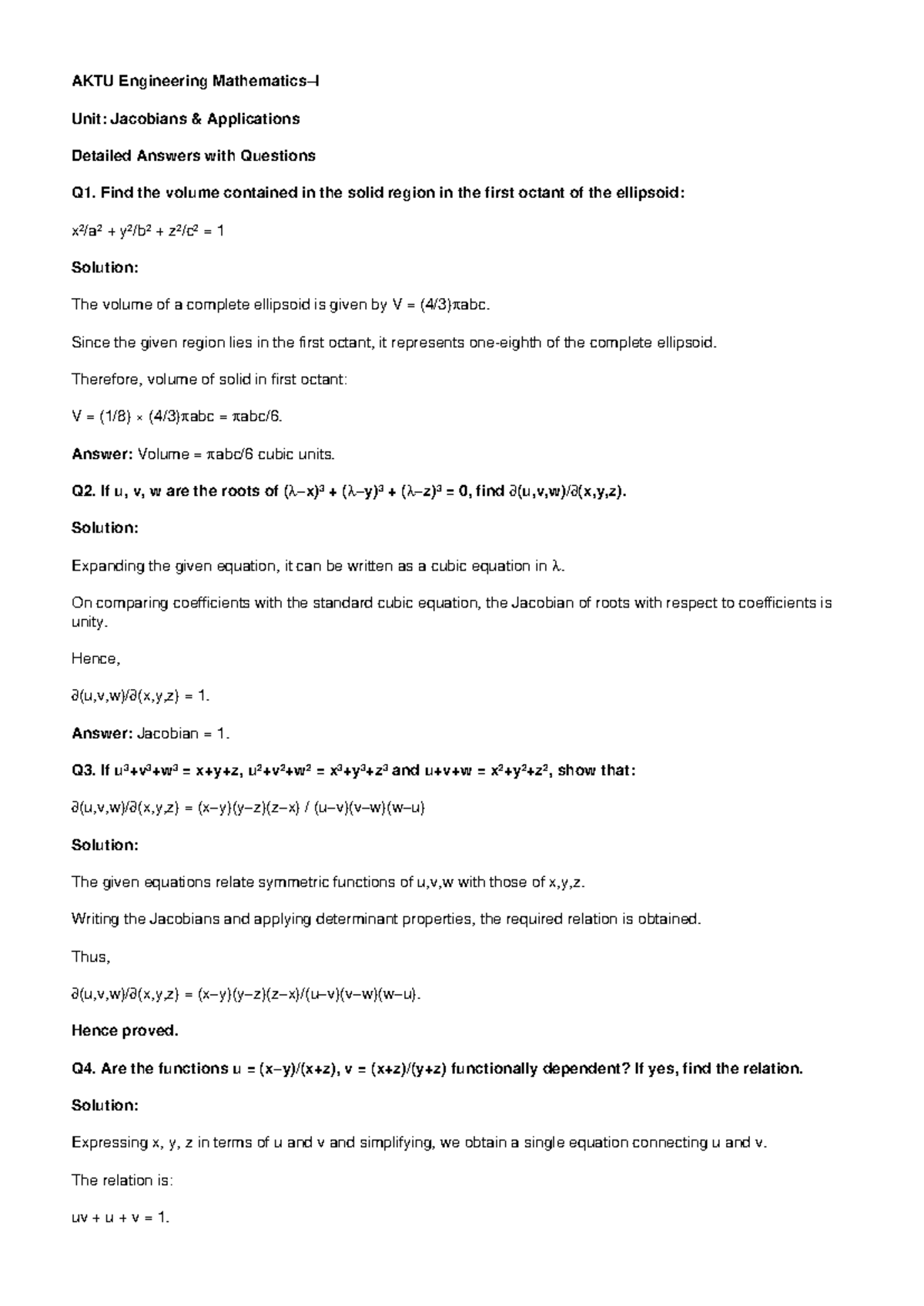 AKTU Maths 1: Detailed Answers on Jacobians Applications - Studocu