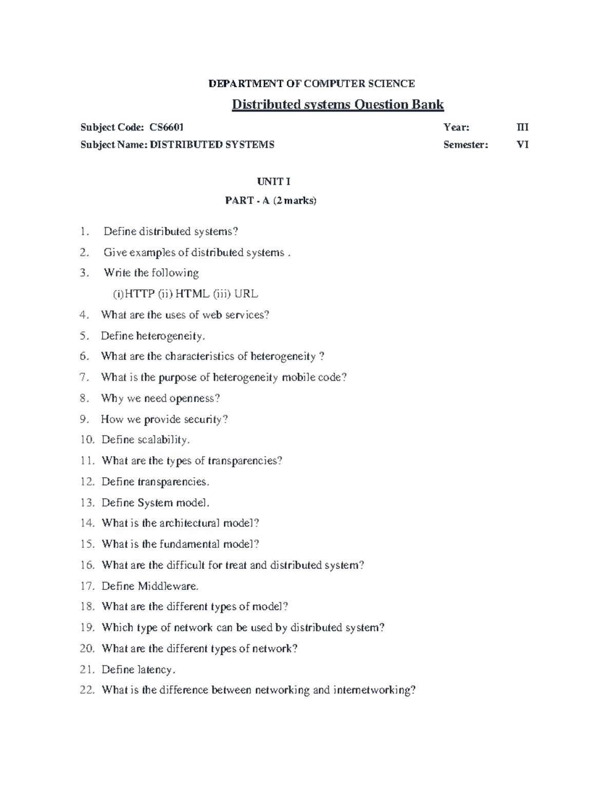 Distributed Systems Question Bank - CS6601 - Semester VI - Studocu