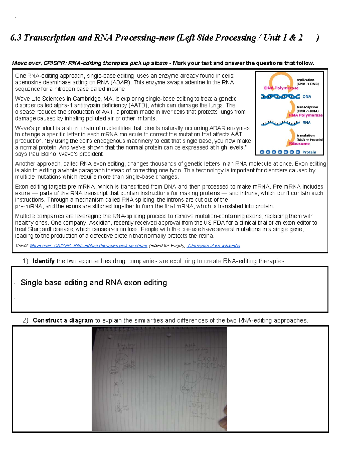 6.3-6.4 RNA Editing & Protein Misfolding: Insights & Therapies - Studocu