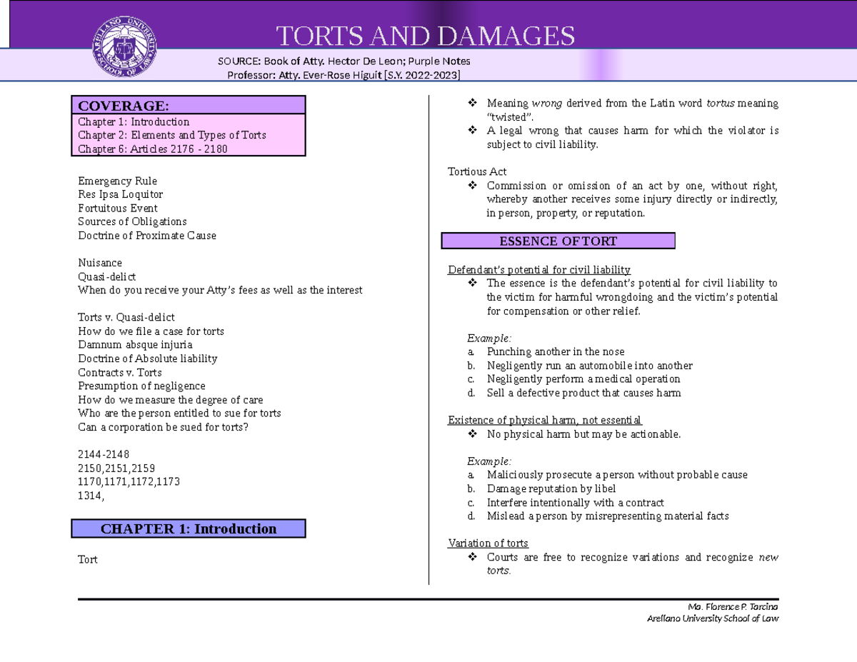 Torts and Damages Lecture Notes (Atty. Higuit, S. 2022-2023) - Studocu