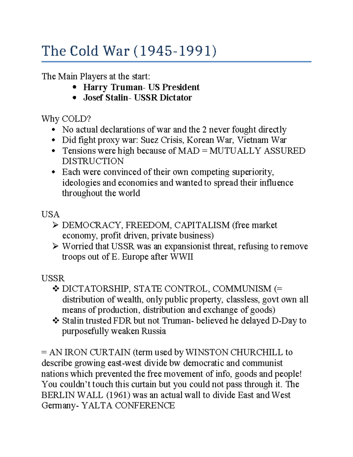 The Cold War: Key Players and Ideological Conflicts - Studocu