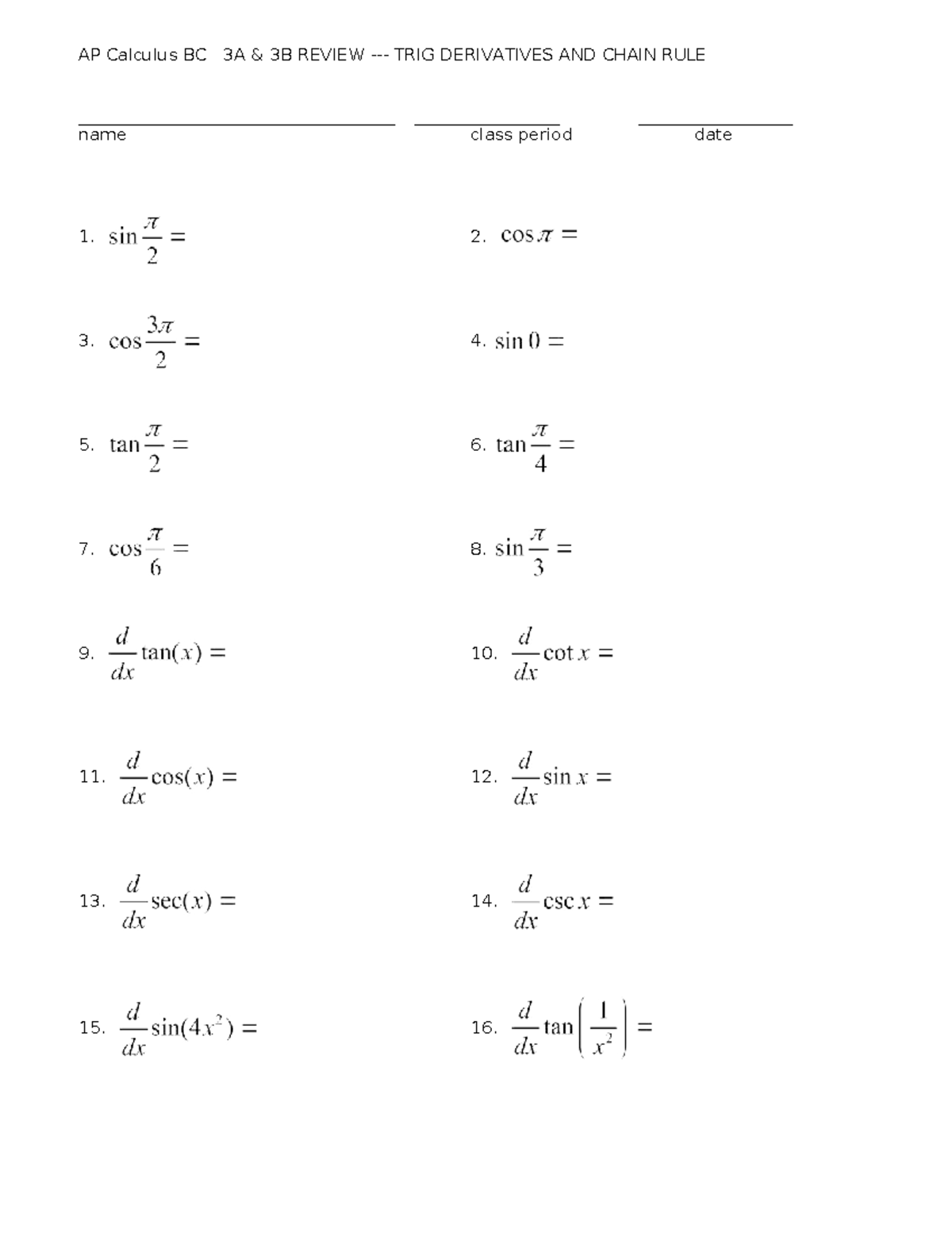 AP Calculus BC 3A 3B Review: Trig Derivatives & Chain Rule Worksheet ...