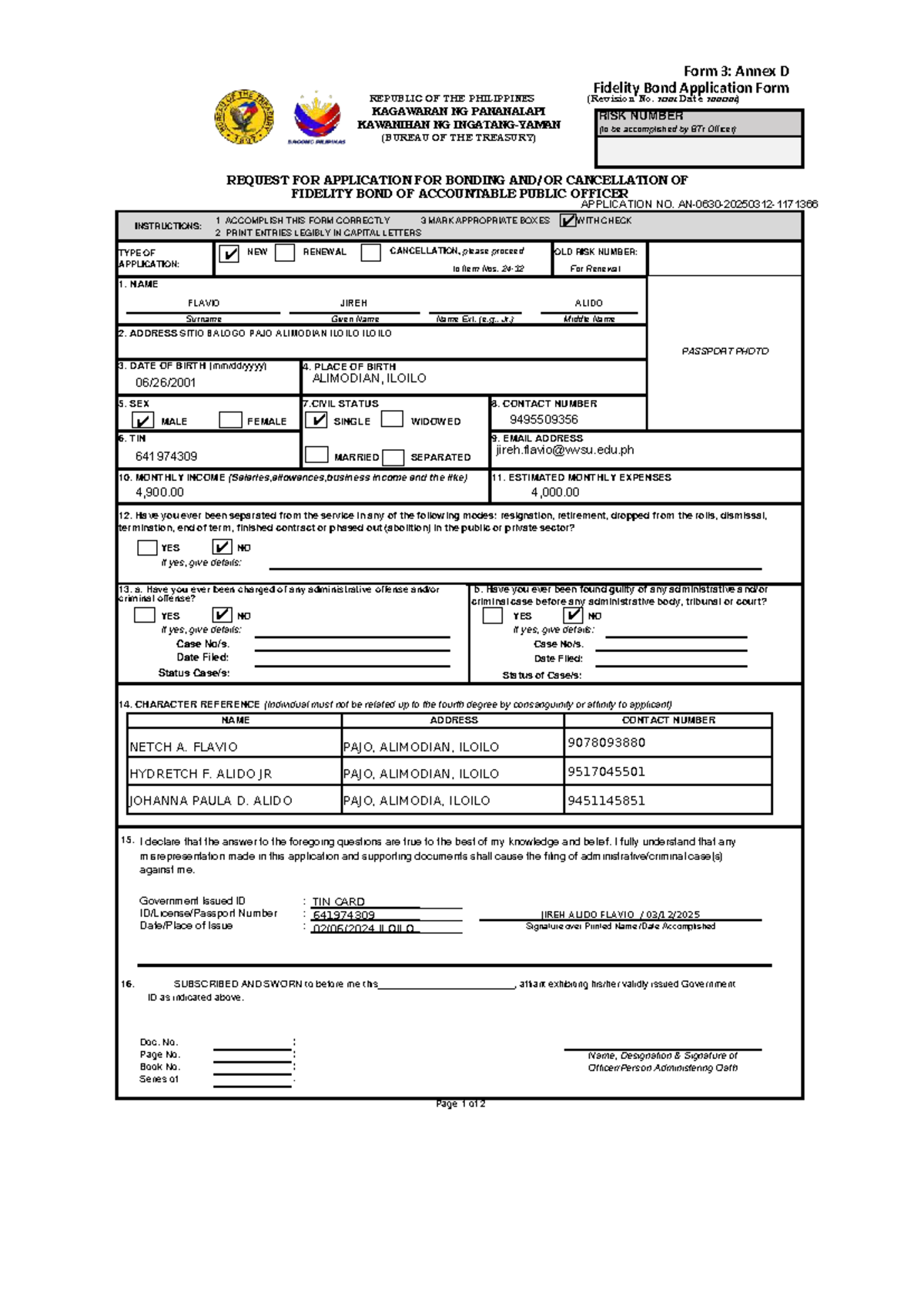 Fidelity Bond Application Form (Form 3: Annex D) - Philippines - Studocu