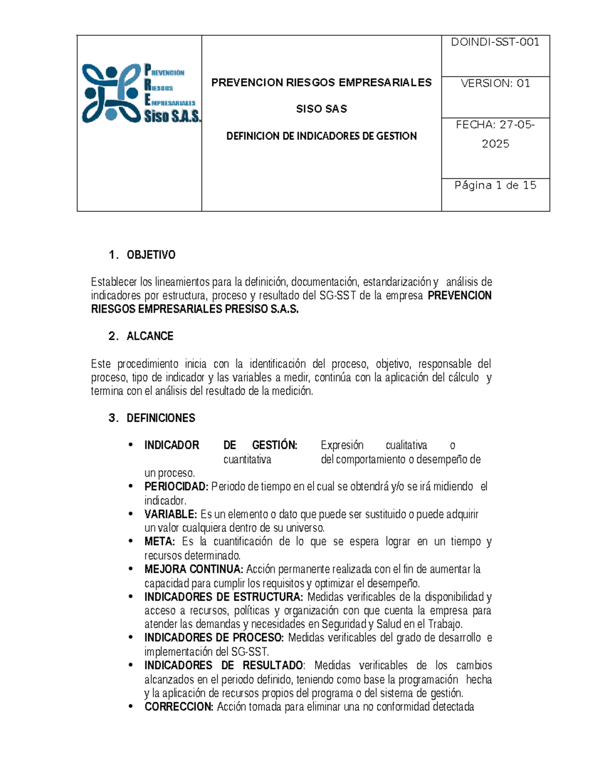 Definición de Indicadores de Gestión SG-SST - Versión 01 - Studocu