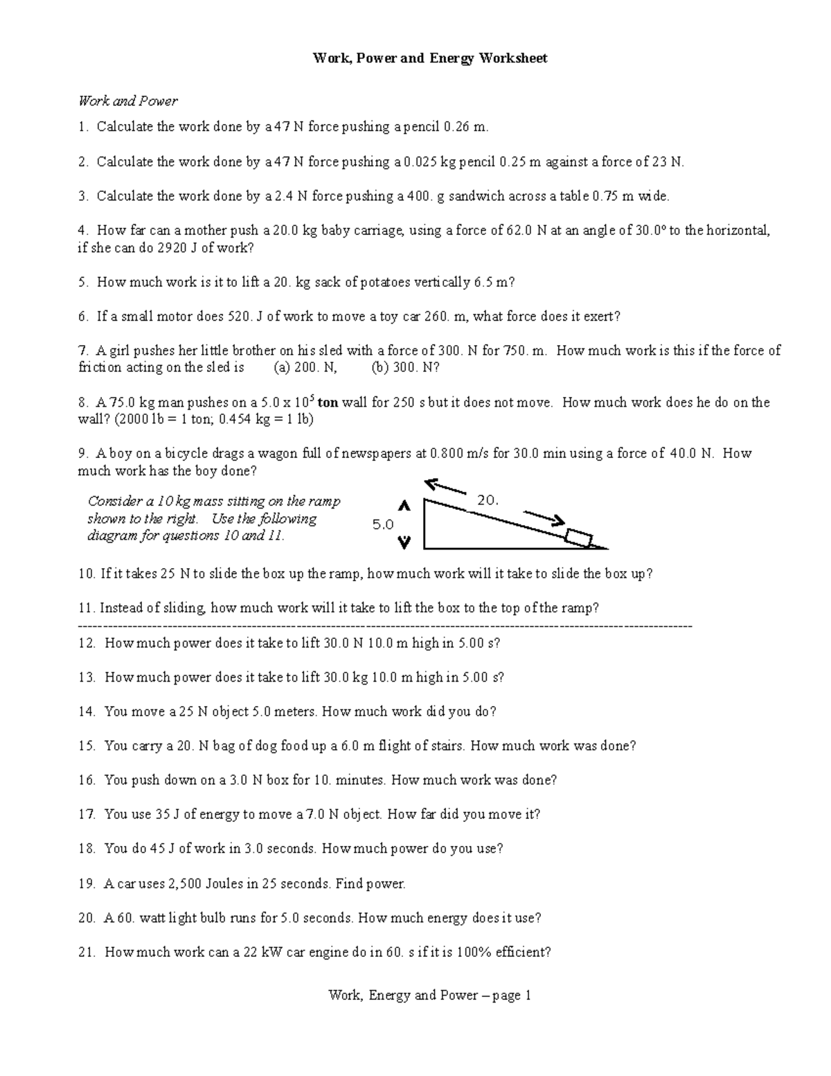 Work Power Worksheet Kinetic And Potential Energy Worksheets