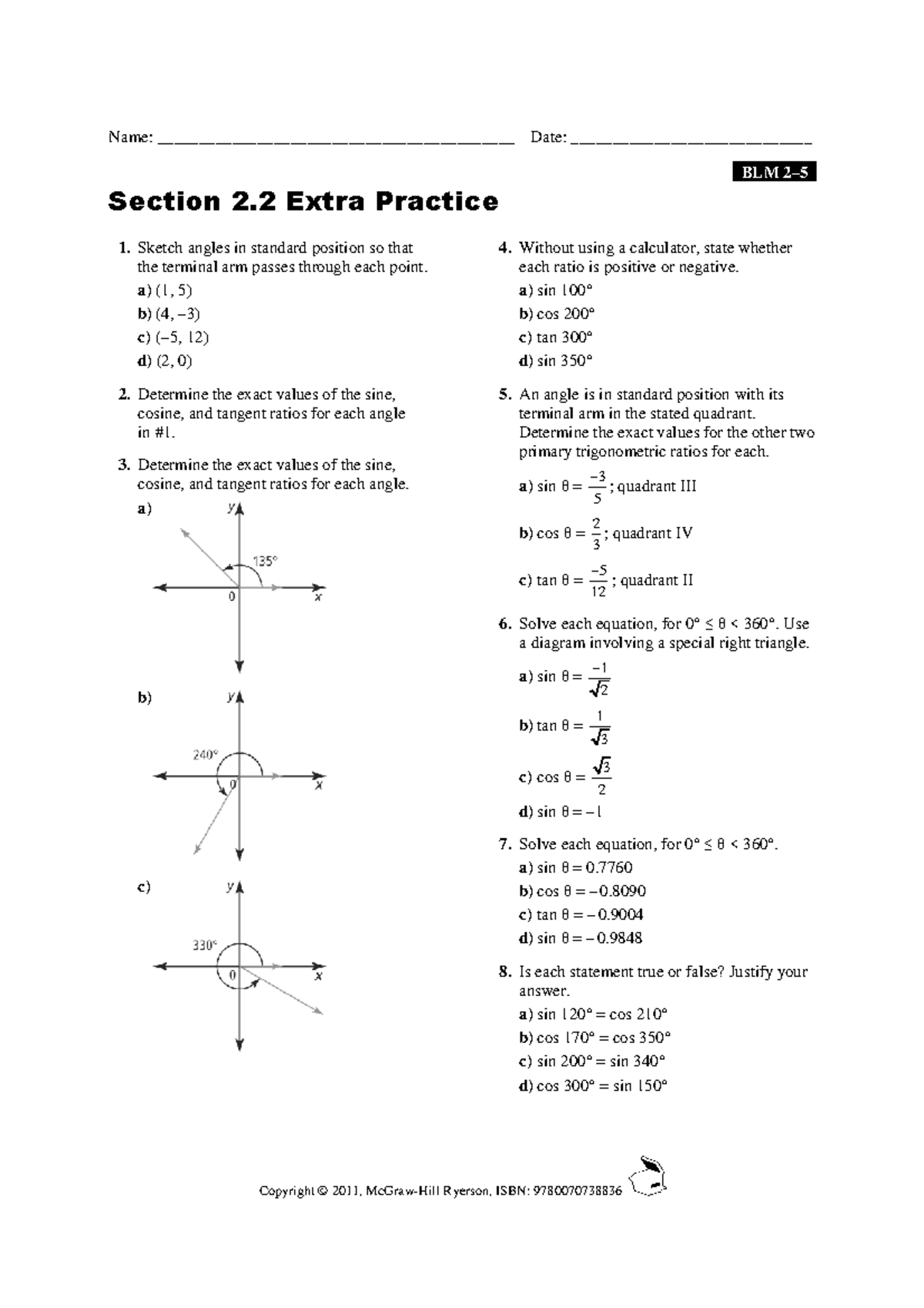 BLM 2.2 Extra Practice: Trigonometric Ratios & Angles - Studocu