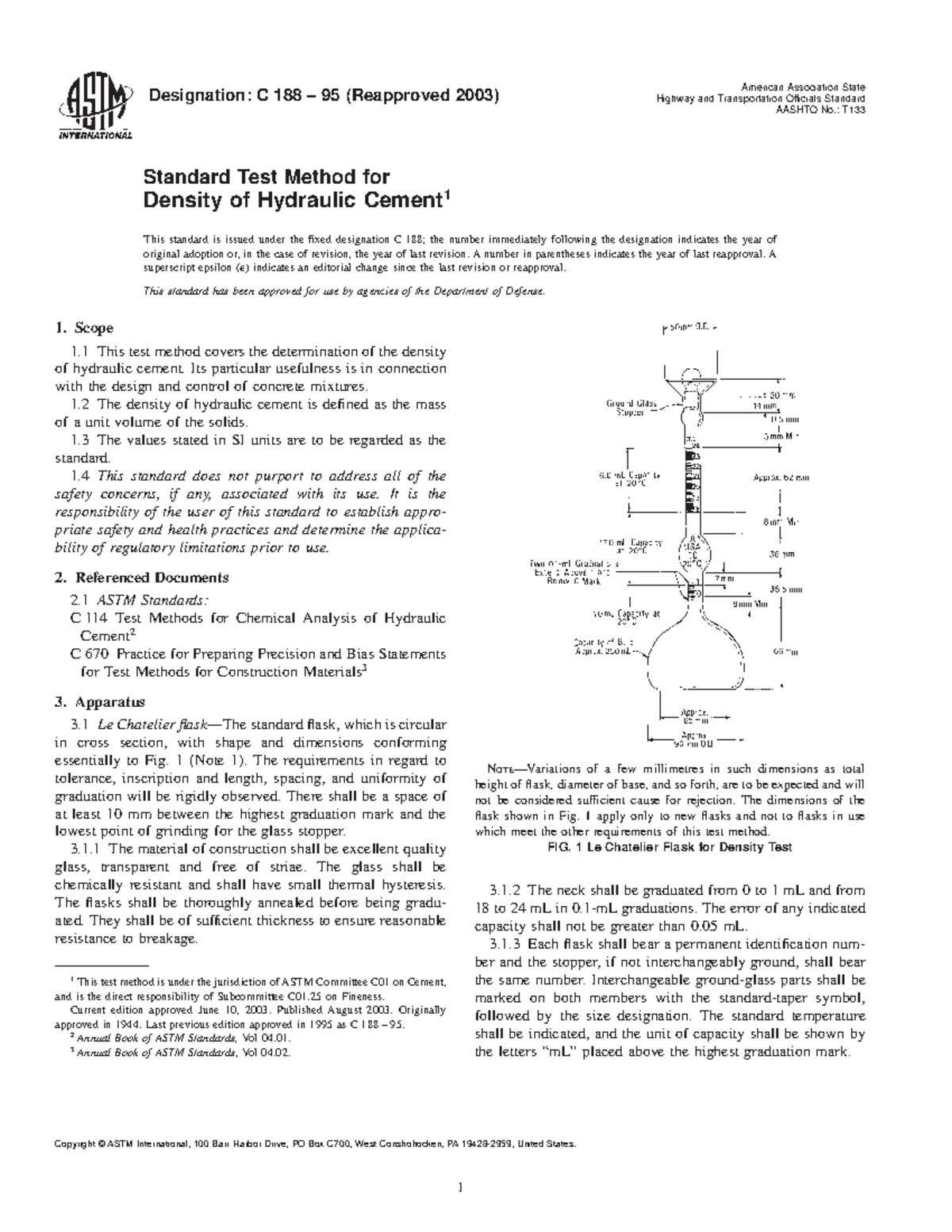 ASTM C 188 Standard Test Method for Hydraulic Cement Density - Studocu