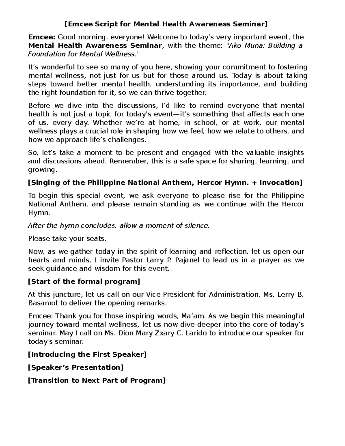 Emcee Script for Mental Health Awareness Seminar - Ako Muna Theme - Studocu