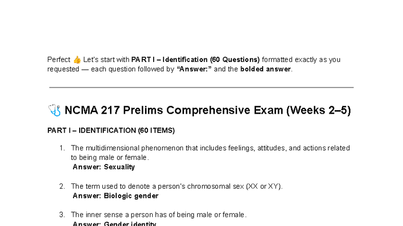 NCMA 217 Prelims Comprehensive Exam: Part I & II Identification (100 Qs ...