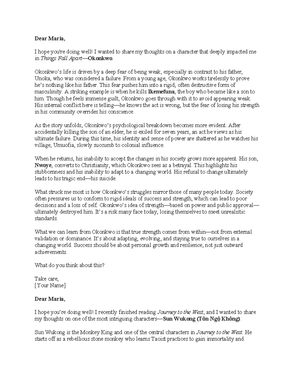 Ckvhtg - Final Exam Character Analysis: Okonkwo, Wukong, and Heathcliff ...