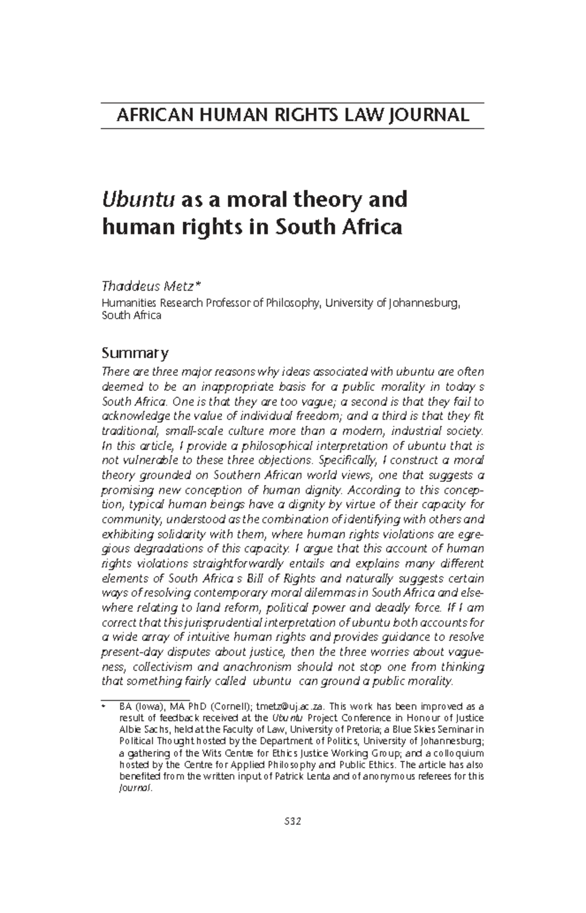 Ubuntu as a Moral Theory: Human Rights Interpretation in SA - T Metz ...