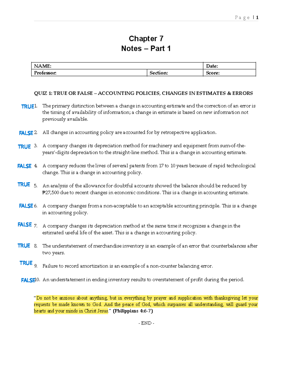 Quiz Acc 101 Chapter 7 Notes Accounting Policies Estimates Studocu