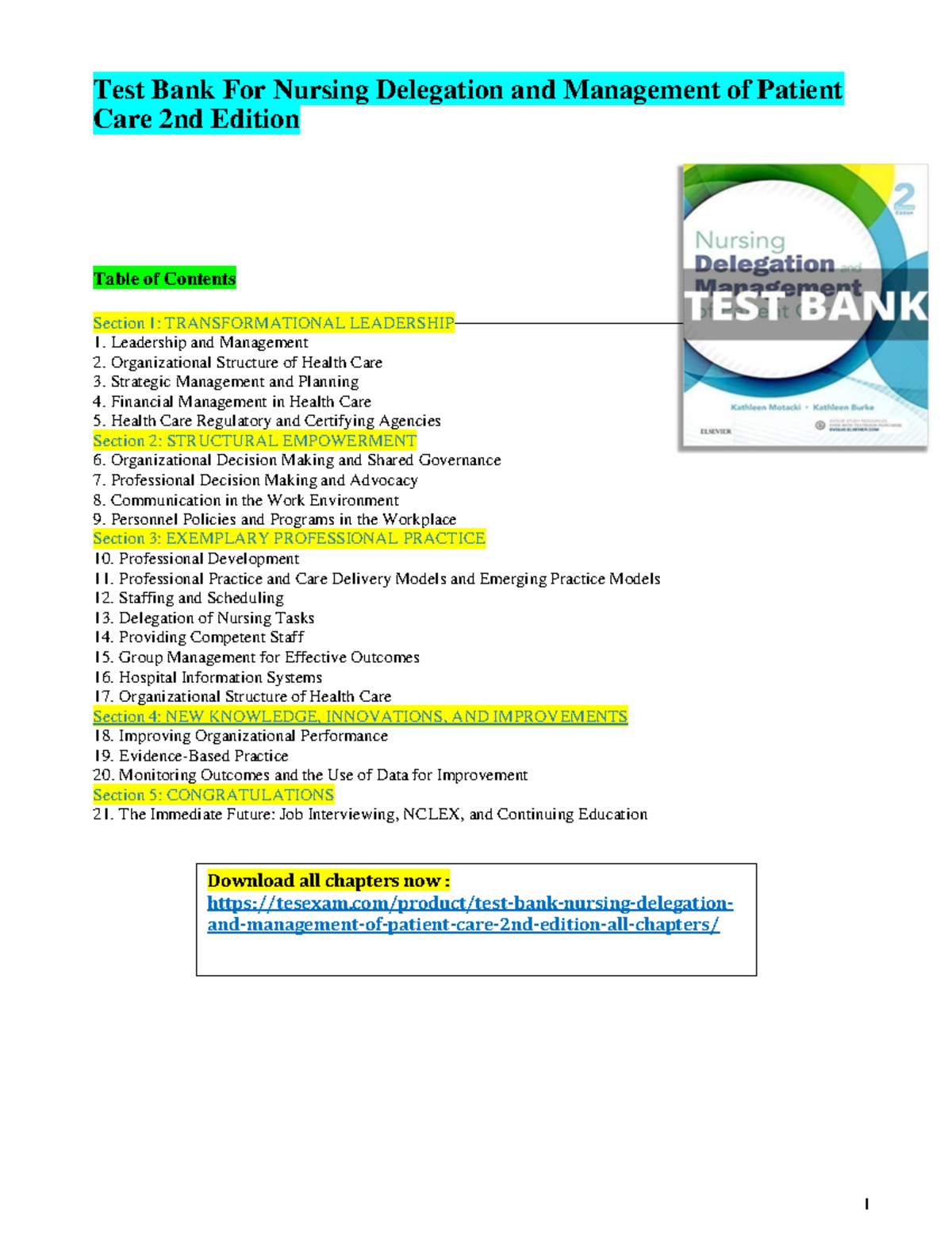 Test Bank For Nursing Delegation and Management of Patient Care 2nd ...